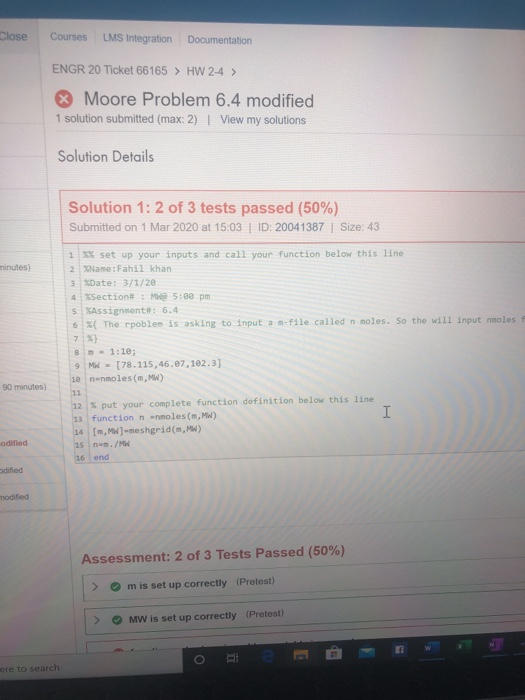 Solved Close Courses LMS Integration Documentation ENGR 20 | Chegg.com