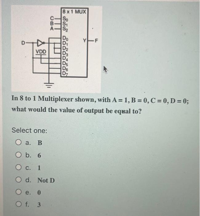 Solved In 8 to 1 Multiplexer shown, with A=1,B=0,C=0,D=0; | Chegg.com