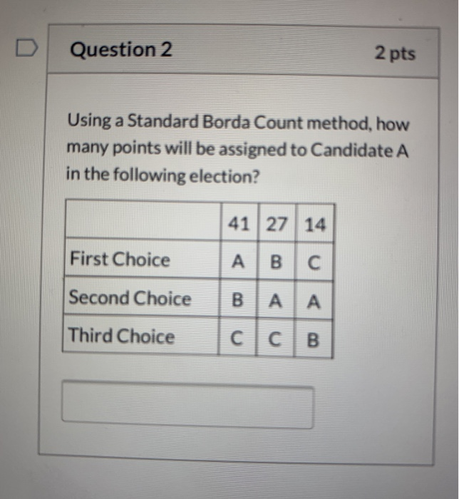 Solved Question 2 2 pts Using a Standard Borda Count method, | Chegg.com