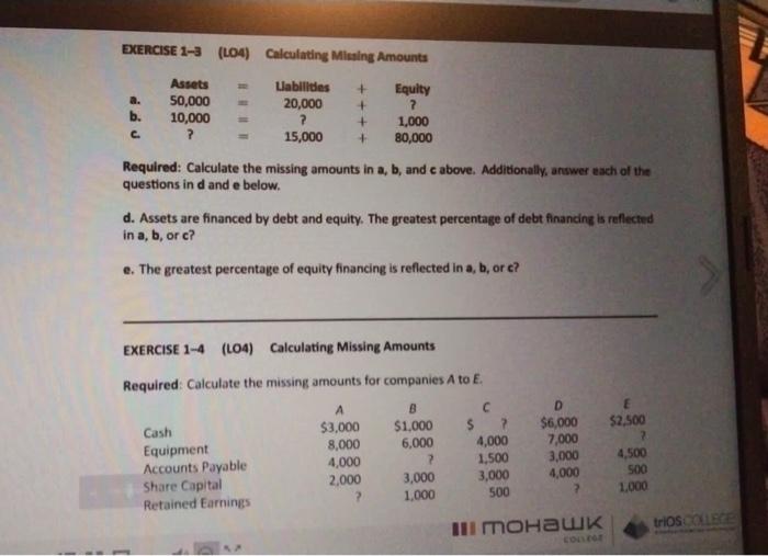 Solved EXERCISE 1-3 (L04) Calculating Missing Amounts b. C. | Chegg.com