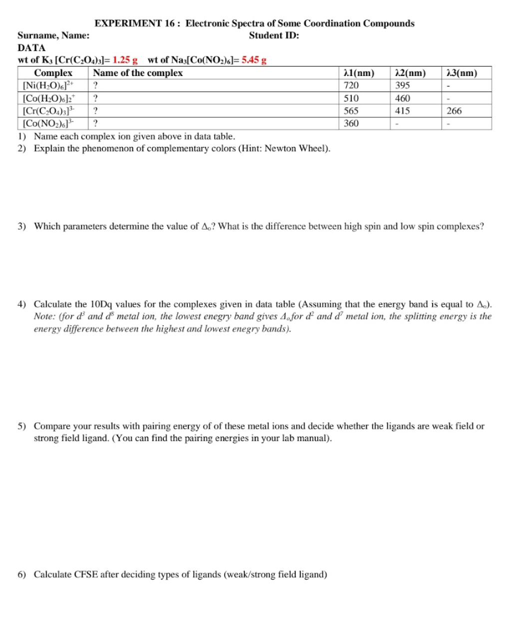 Solved EXPERIMENT 16 : Electronic Spectra of Some | Chegg.com