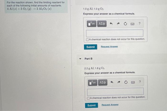 Solved For the reaction shown, find the limiting reactant | Chegg.com