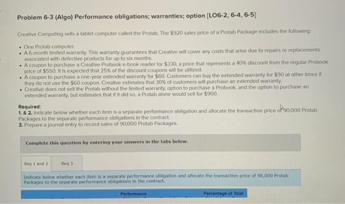 Solved Problem 6−3 (Algo) Performance obligations; | Chegg.com