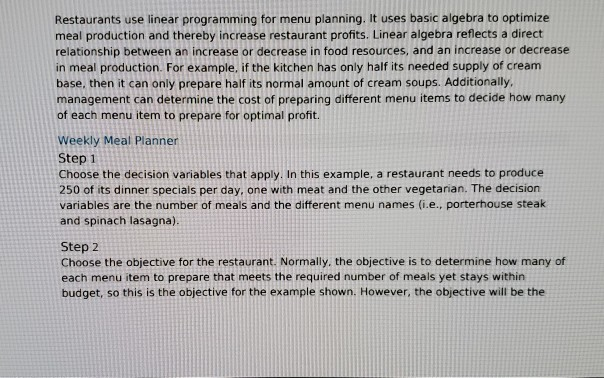Solved Restaurants use linear programming for menu planning. | Chegg.com