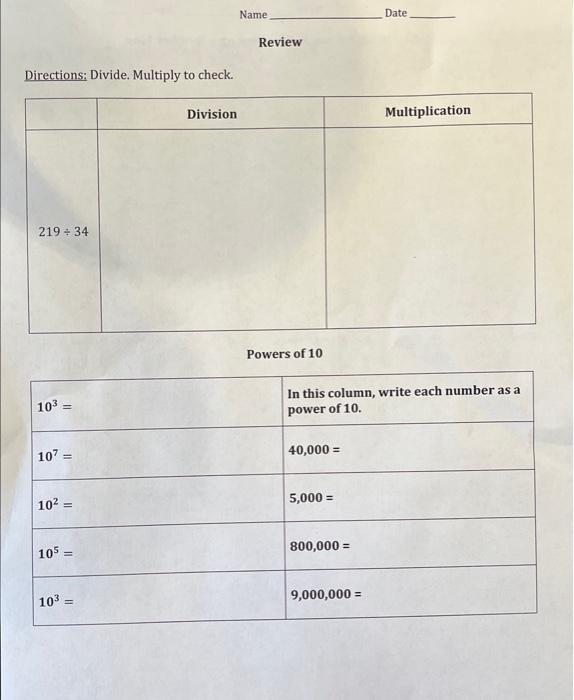 Solved Directions: Divide. Multiply to check. Powers of 10 | Chegg.com