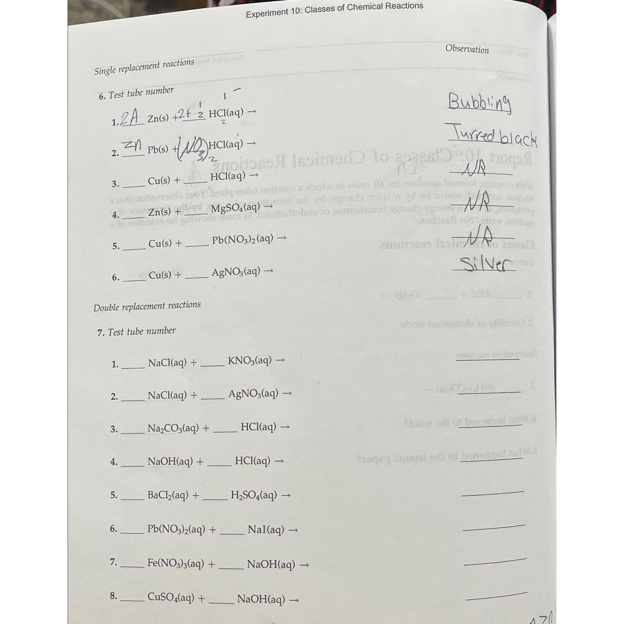 Solved Experiment 10: Classes of Chemical ReactionsSingle | Chegg.com