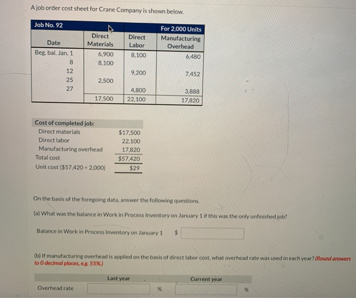 Solved A job order cost sheet for Crane Company is shown | Chegg.com