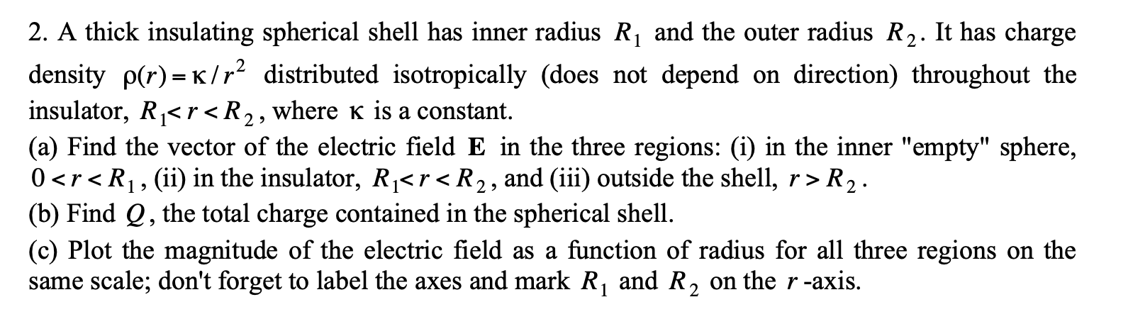 Solved A thick insulating spherical shell has inner radius | Chegg.com