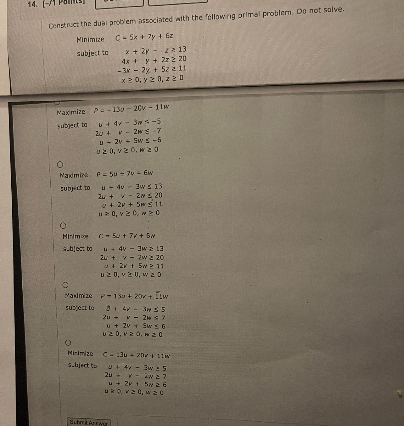 Solved Construct the dual problem associated with the | Chegg.com