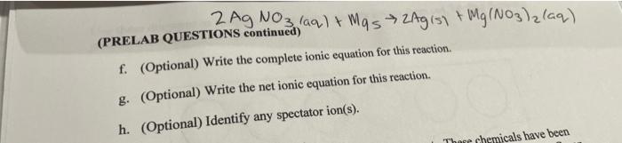 Solved 2AgNO3(aq)+Mq9→2Ag(s)+Mg2(NO3)2(aq) (PRELAB QUESTIONS | Chegg.com
