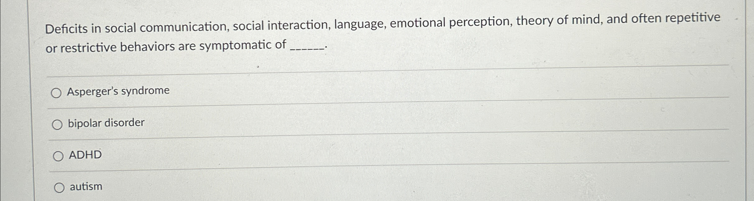 Solved Deficits in social communication, social interaction, | Chegg.com