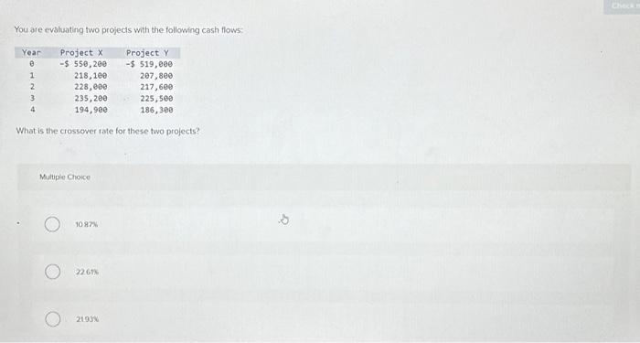 Solved You are evaluating two projecls with the following | Chegg.com