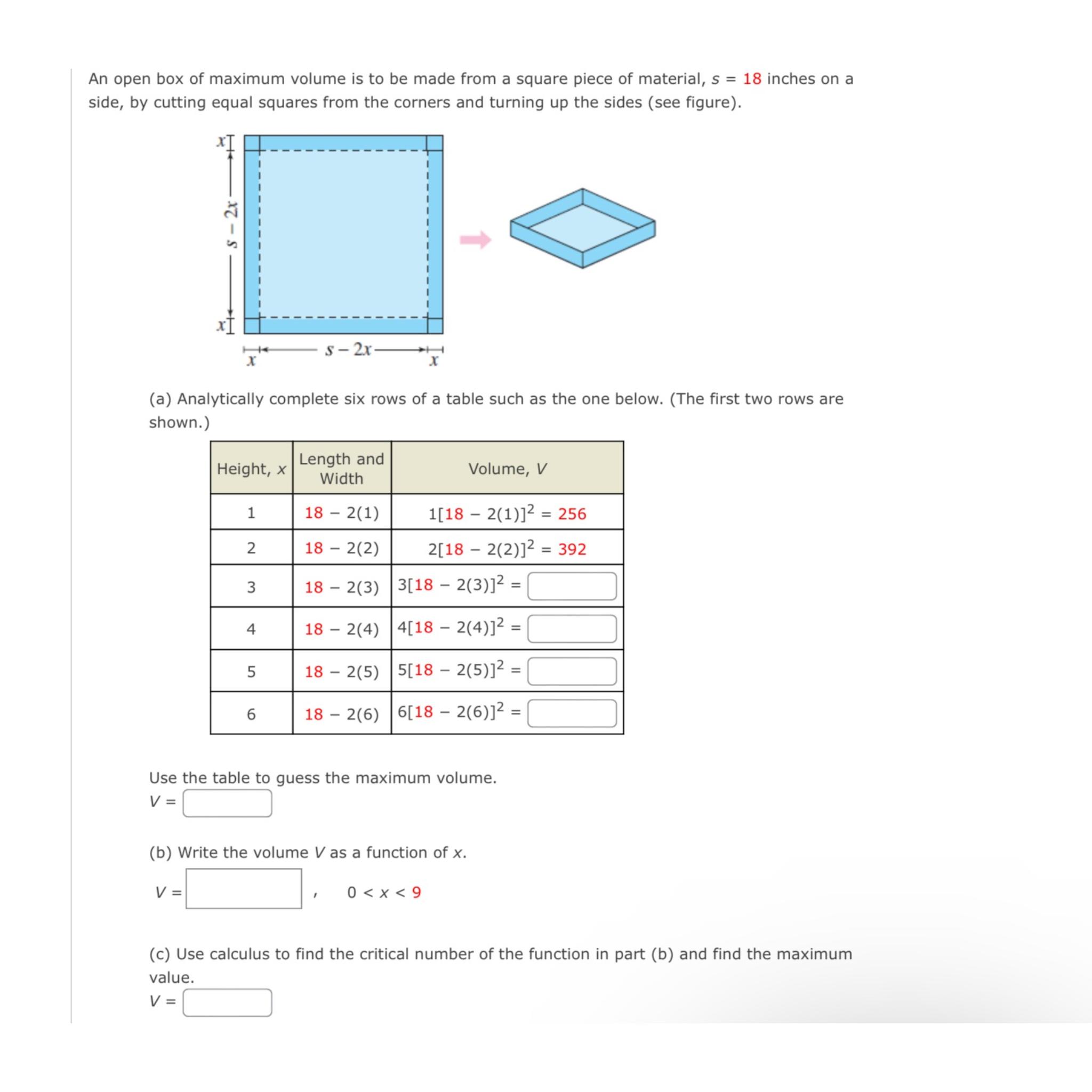 Solved An open box of maximum volume is to be made from a | Chegg.com