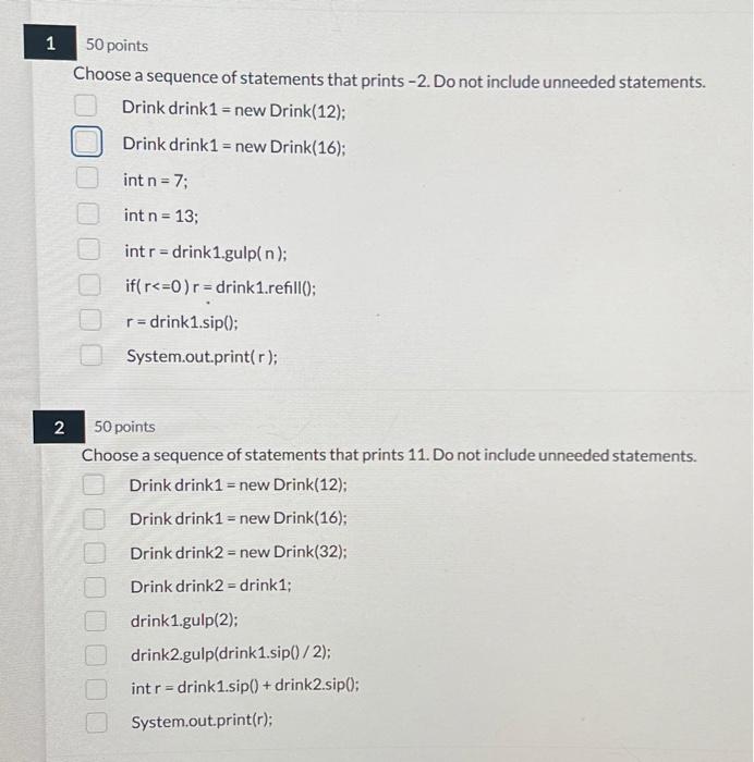 Solved public class.Drink [ private int size, amount; public | Chegg.com Solved public class.Drink [ private int size, amount; public | Chegg.com