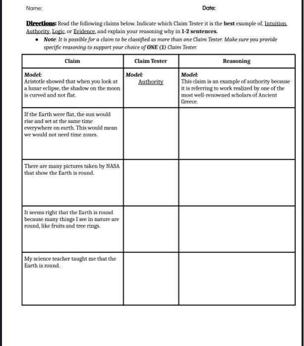 Solved Name: Date: Directions: Read the following claims | Chegg.com