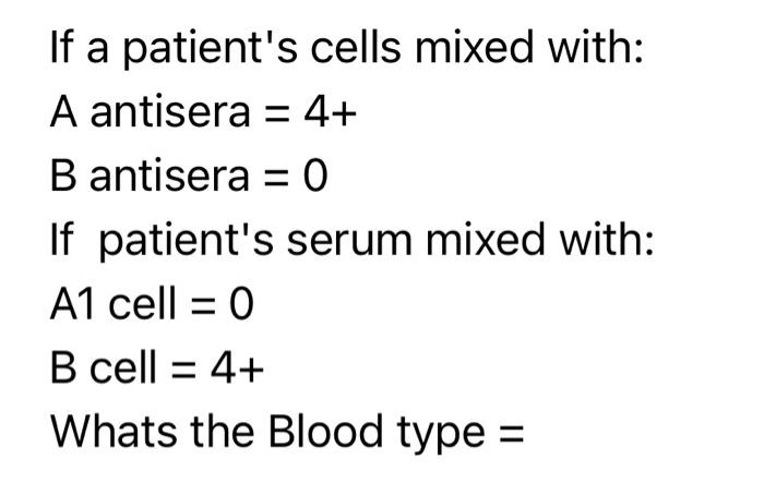 Solved If a patient's cells mixed with: A antisera =4+ B | Chegg.com