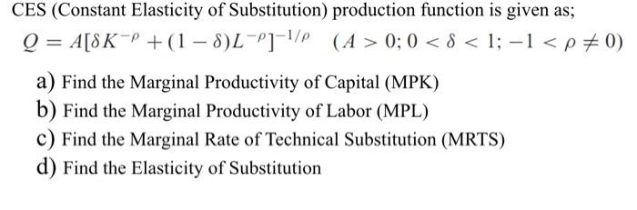 Solved CES (Constant Elasticity of Substitution) production | Chegg.com