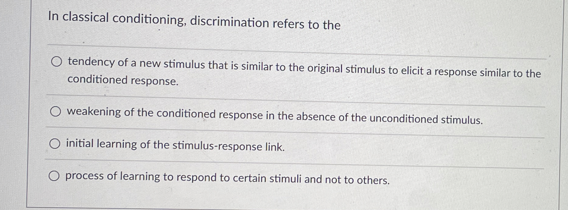 Solved In classical conditioning, discrimination refers to | Chegg.com