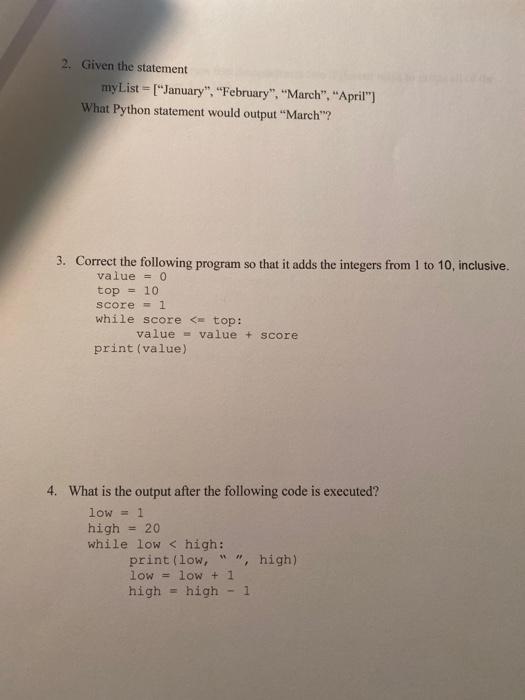 Solved 2. Given the statement myList = ["January", | Chegg.com