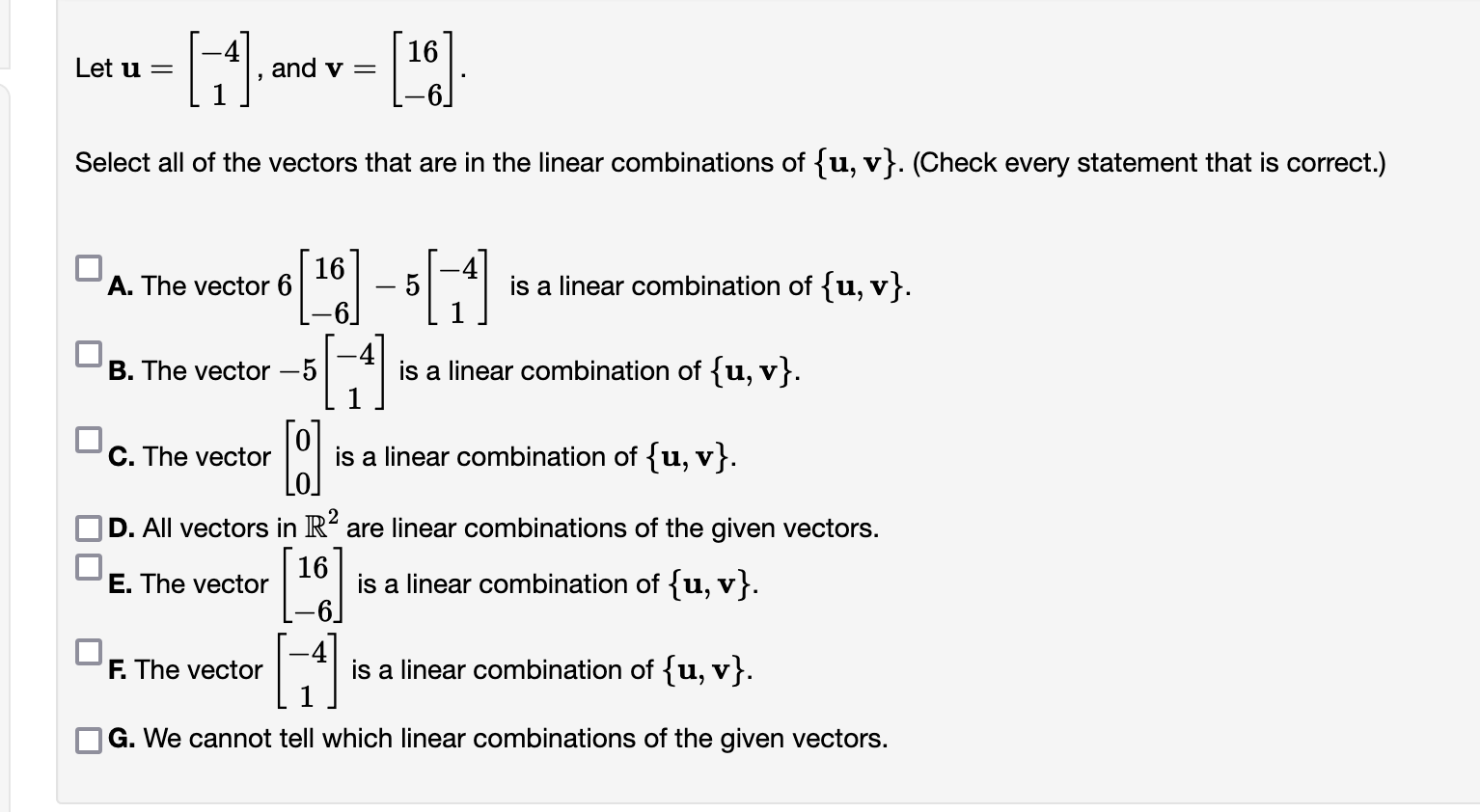 Solved Let u=[-41], ﻿and v=[16-6]Select all of the vectors | Chegg.com