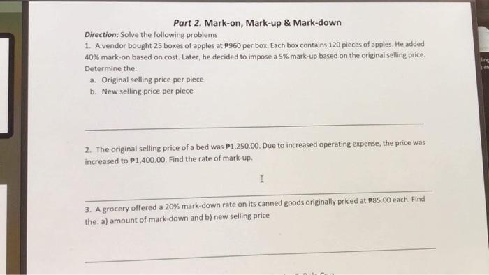 Solved Part 2. Mark-on, Mark-up & Mark-down Direction: Solve | Chegg.com
