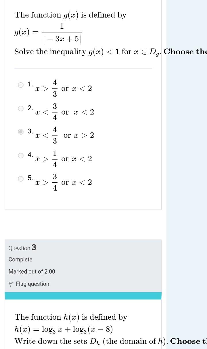 Solved The function g(x) is defined by g(x)=∣−3x+5∣1 Solve | Chegg.com