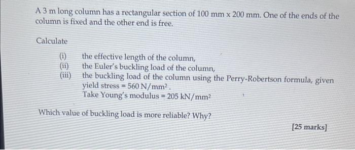 Solved A 3 m long column has a rectangular section of 100 | Chegg.com