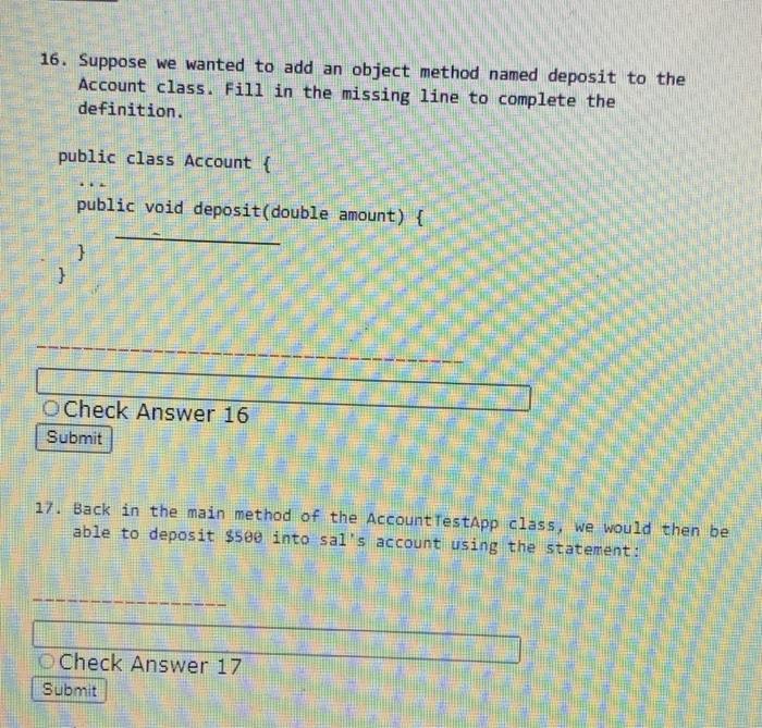 Solved 15. In the following Account TestApp class, there is | Chegg.com Solved 15. In the following Account TestApp class, there is | Chegg.com