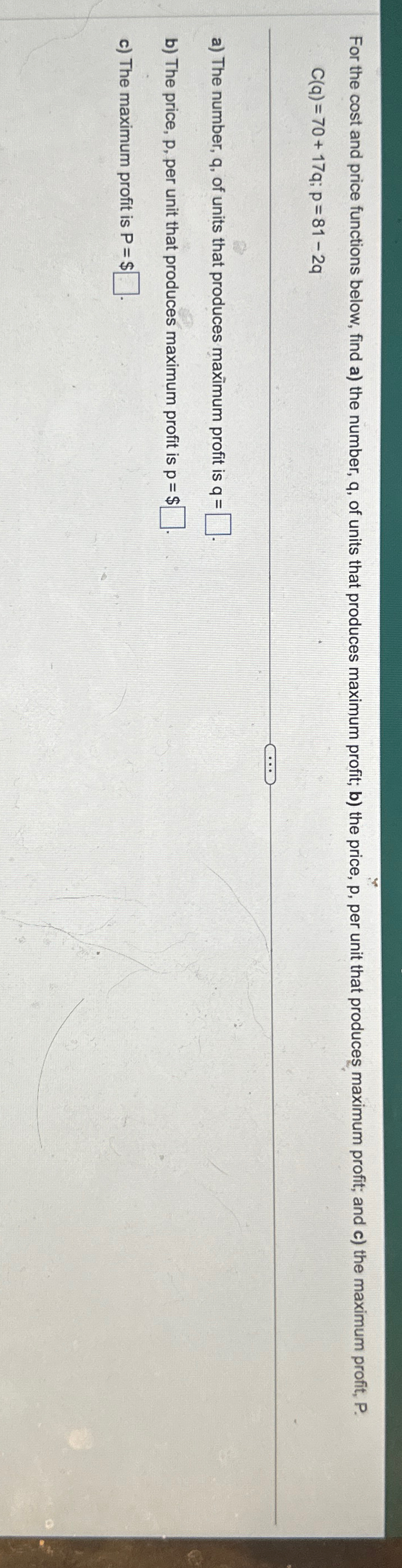 Solved C(q)=70+17q;p=81-2qa) ﻿The number, q, ﻿of units that | Chegg.com