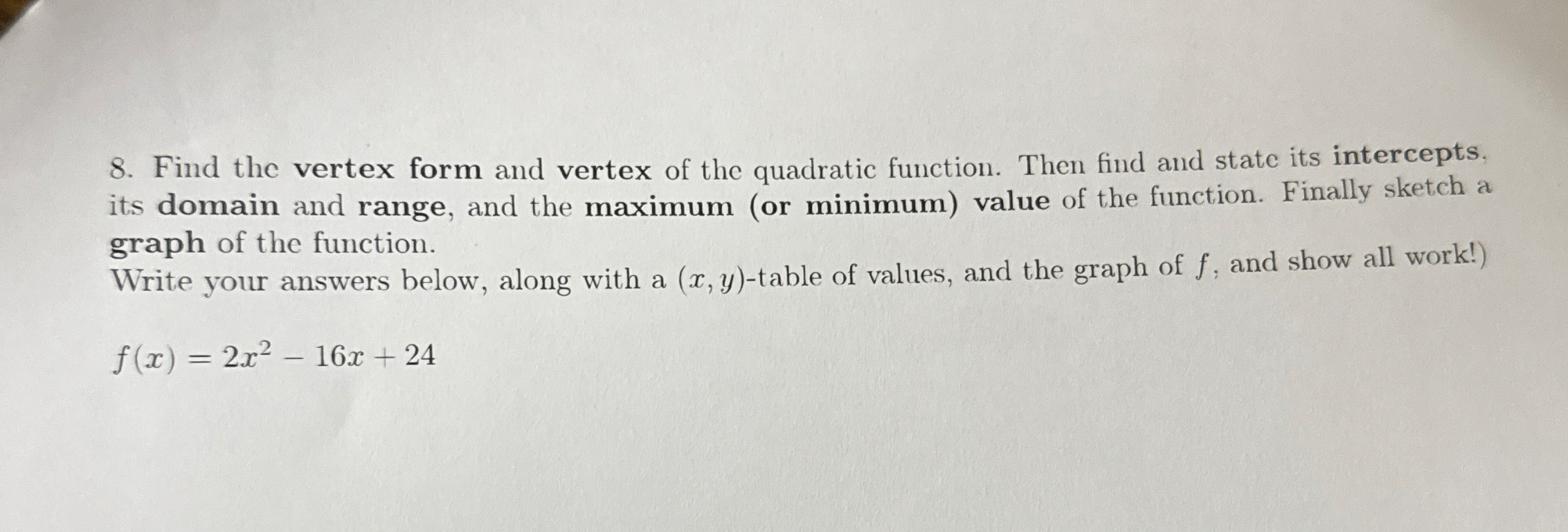 Solved Find the vertex form and vertex of the quadratic | Chegg.com