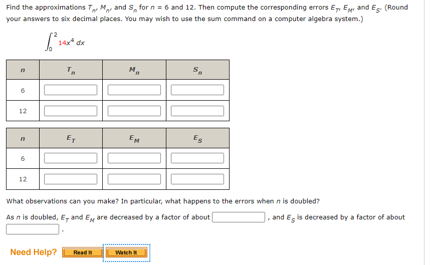 Solved Find the approximations Tn'Mn' ﻿and Sn ﻿for n=6 ﻿and | Chegg.com