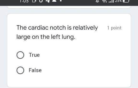 Solved 1 point The cardiac notch is relatively large on the | Chegg.com