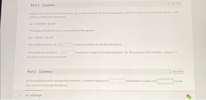 Solved Part 1 (2 points) Suppose that the demand for | Chegg.com