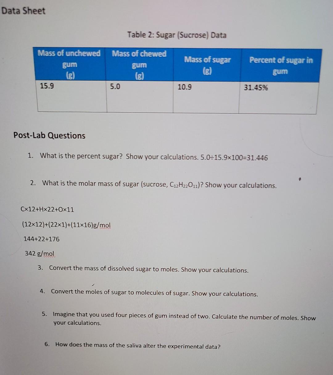 Solved Data Sheet Table 2: Sugar (Sucrose) Data Mass of | Chegg.com