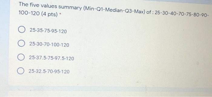 Solved The five values summary (Min-Q1-Median-Q3-Max) of: | Chegg.com