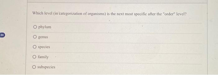 Solved Which level (in categorization of organisms) is the | Chegg.com