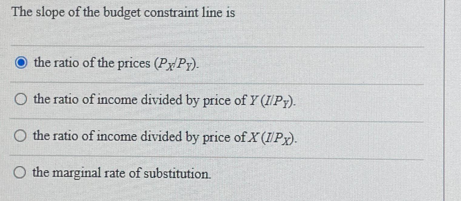 Solved The slope of the budget constraint line isthe ratio | Chegg.com