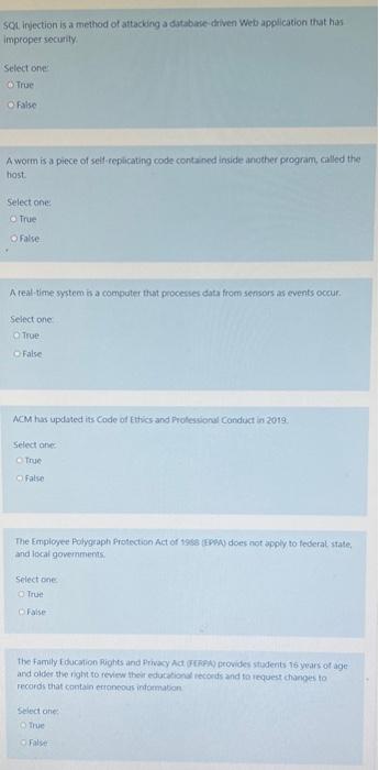 Solved SQL injection is a method of attacking a database | Chegg.com