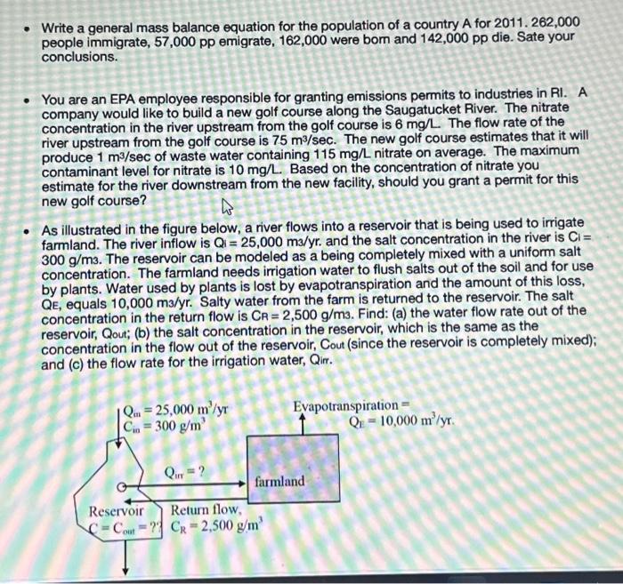 Solved • Write a general mass balance equation for the | Chegg.com