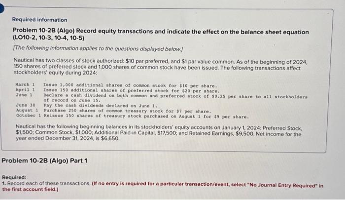 Solved Required information Problem 10-2B (Algo) Record | Chegg.com