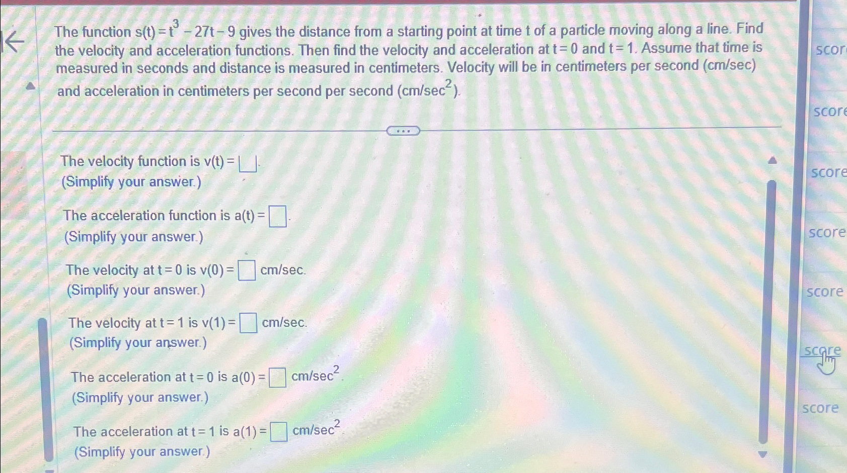 Solved The function s(t)=t3-27t-9 ﻿gives the distance from a | Chegg.com