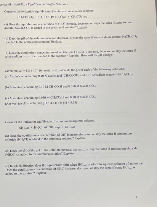 Solved ercise Mi: Acid-Base Equilibria and Buffer Solutions | Chegg.com