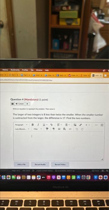 Solved The larger of two integers is 8 less than twice the | Chegg.com