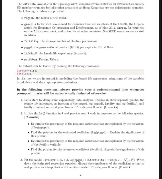 Solved The UN11 data, available in the R package alr4, | Chegg.com