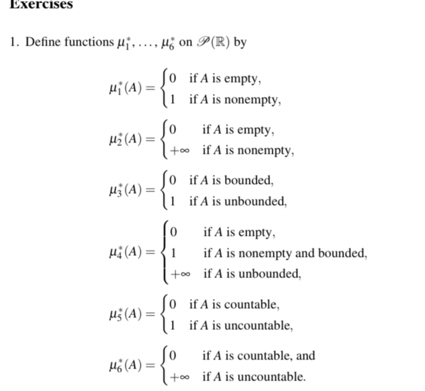 Solved ExercisesDefine functions μ1**,dots,μ6** ﻿on P(R) | Chegg.com