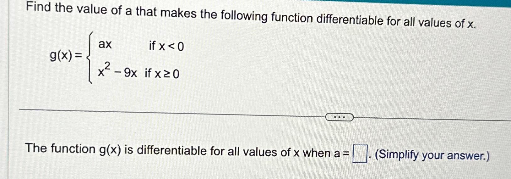 Solved Find the value of a that makes the following function | Chegg.com