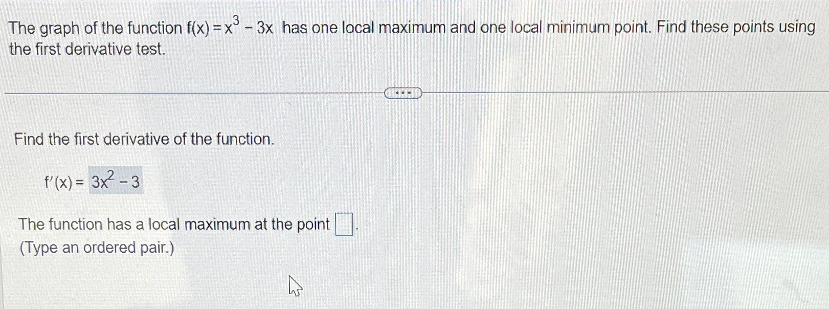 Solved The graph of the function f(x)=x3-3x ﻿has one local | Chegg.com
