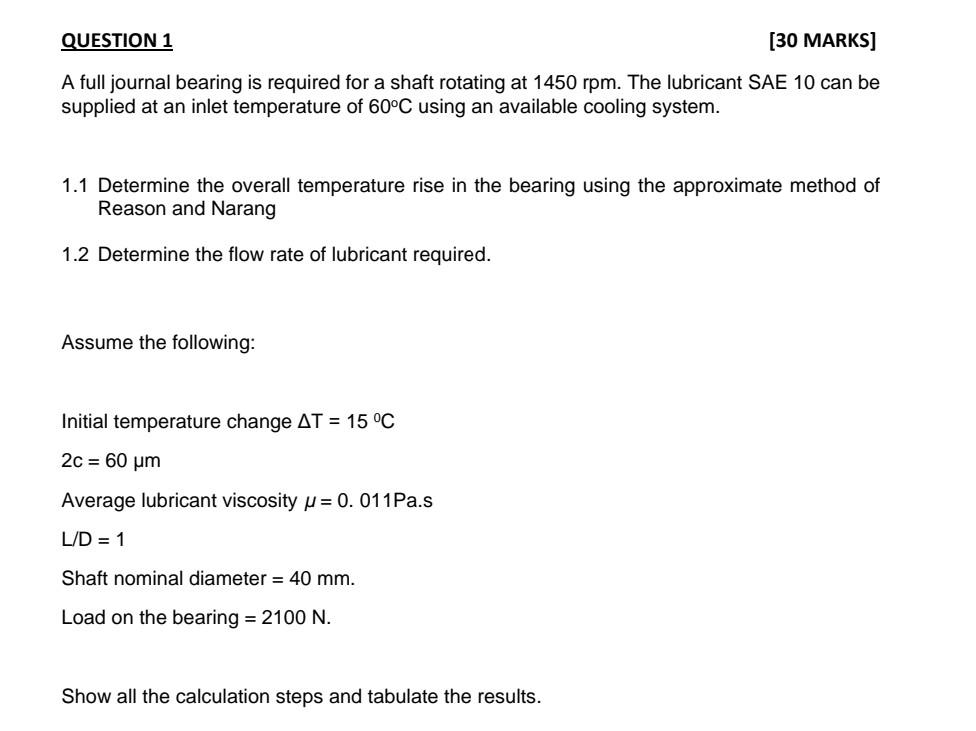 Solved QUESTION 1 [30 MARKS] A full journal bearing is | Chegg.com