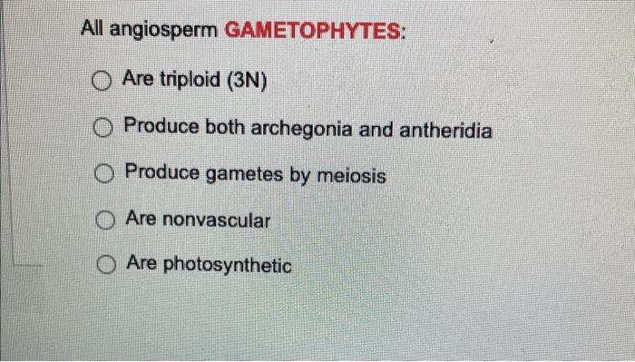 Solved All angiosperm GAMETOPHYTES: Are triploid (3N) | Chegg.com