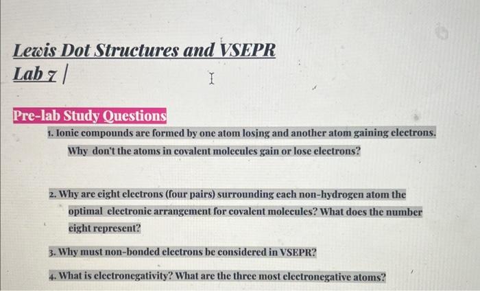 Solved Lerois Dot Structures and VSEPR Lab7 Pre-lab Study | Chegg.com